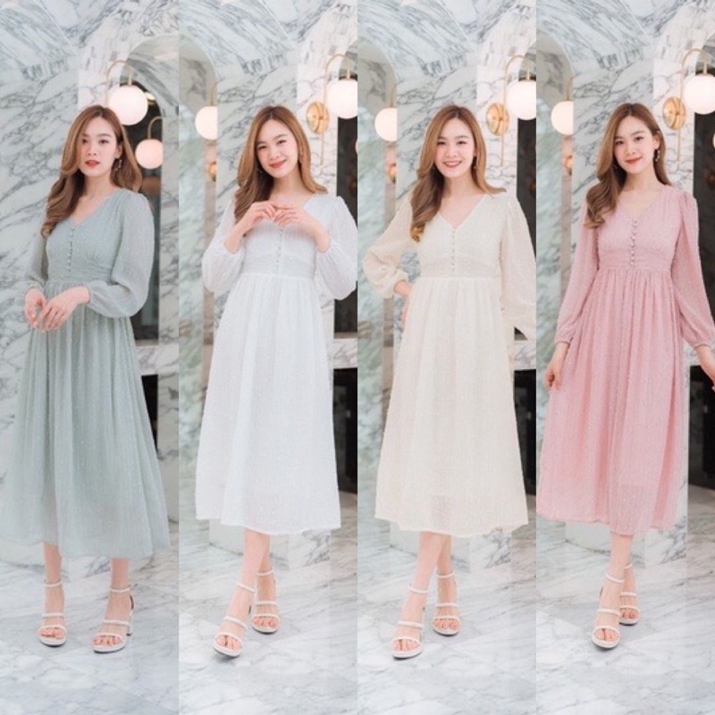 Jual Theresa Dress Korean Casual Sopan Rapi Midi Pastel Lengan Panjang ...