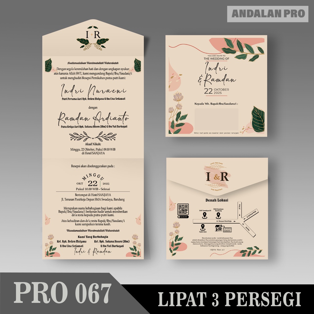 Jual 50 Desain Undangan Lipat 3 Persegi Bahan Jasmine Pastel Pink ...