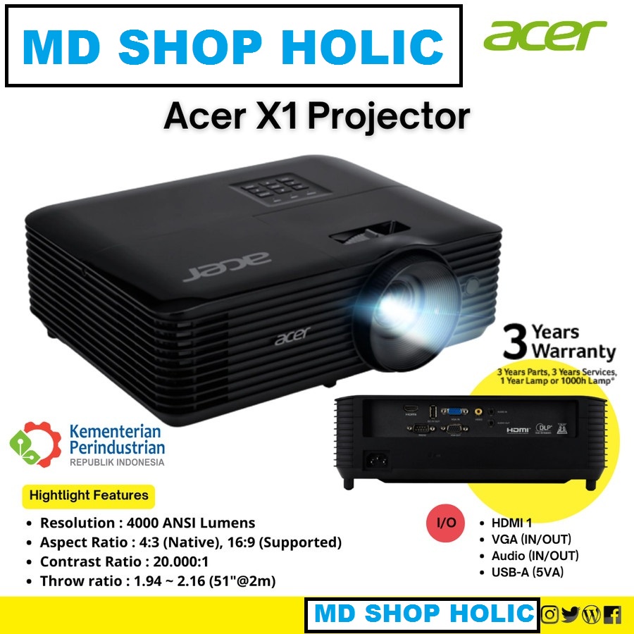 Jual Acer Projector X1 DLP XGA 4000 Lumens TKDN - GARANSI RESMI ...