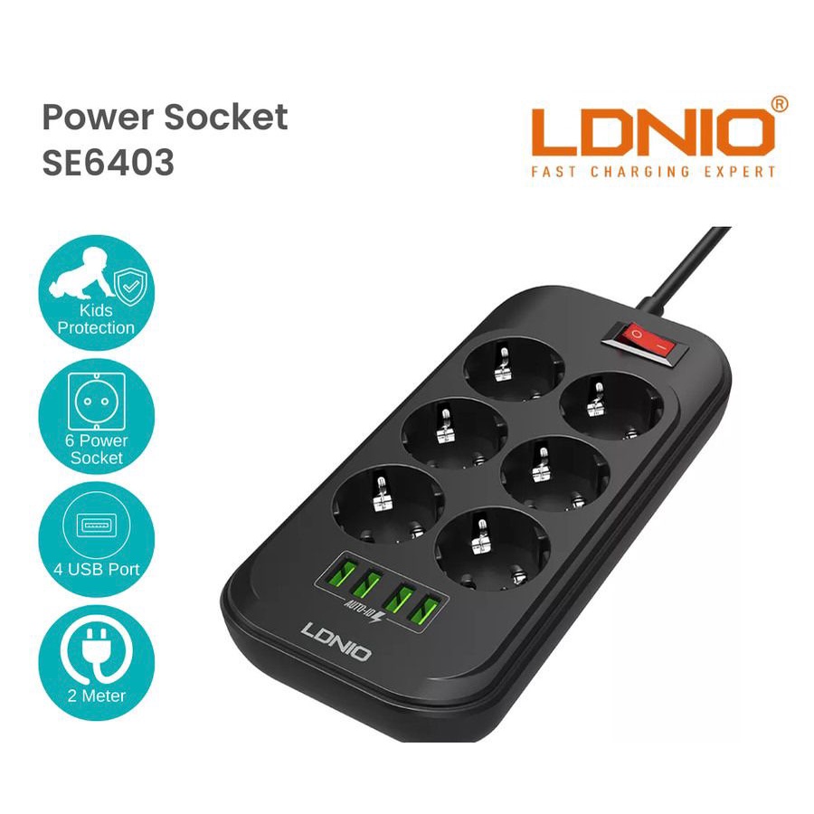 Jual STOP KONTAK LDNIO COLOKAN LISTRIK 6 POWER ELECTRICAL MULTI SOCKET WITH 4 USB PORT 3.4A ...