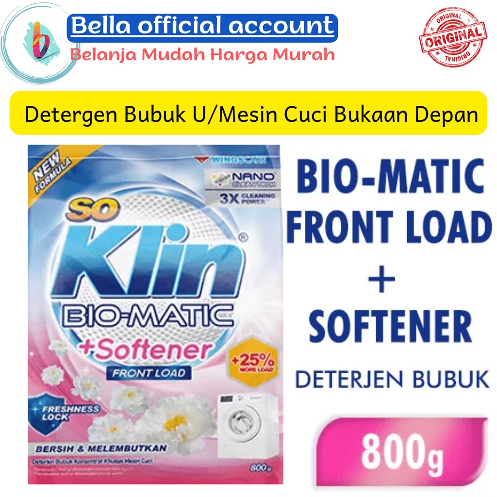 Jual SO KLIN Bio matic Deterjen Bubuk untuk Mesin Cuci Front Load plus softener 800 gr | Shopee ...