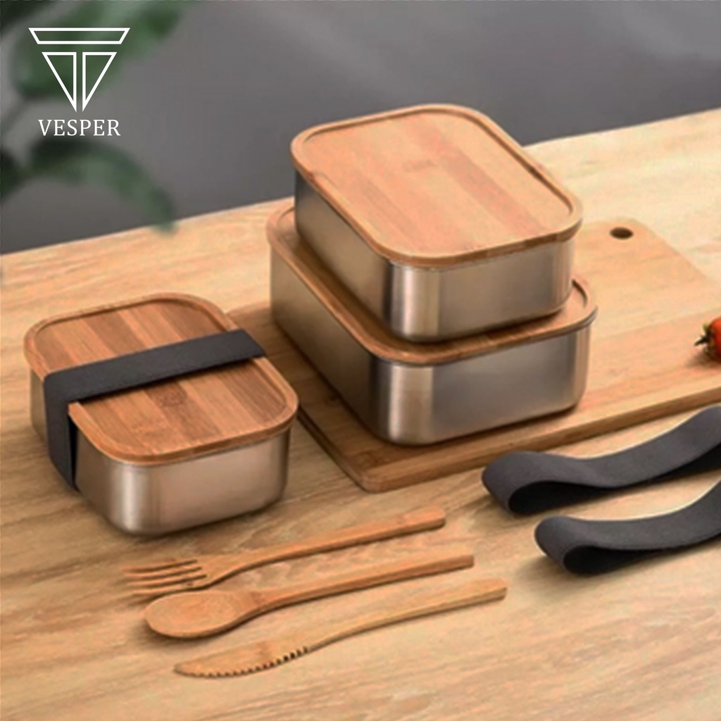 Jual lunch box set stainless 304 bamboo wooden cover / tempat bekal ...
