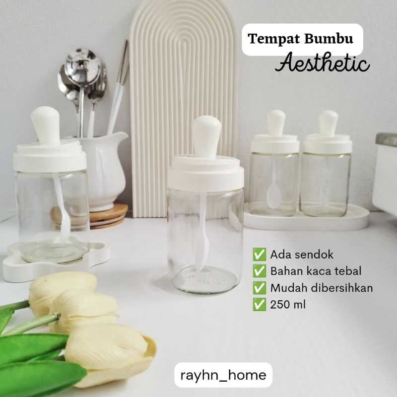 Jual Tempat Bumbu / Botol Bumbu Dapur Kaca Dengan Sendok Tutup Putih ...