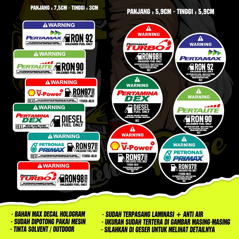 Jual sticker printing unleaded fuel only bahan bakar ron pertamax ...