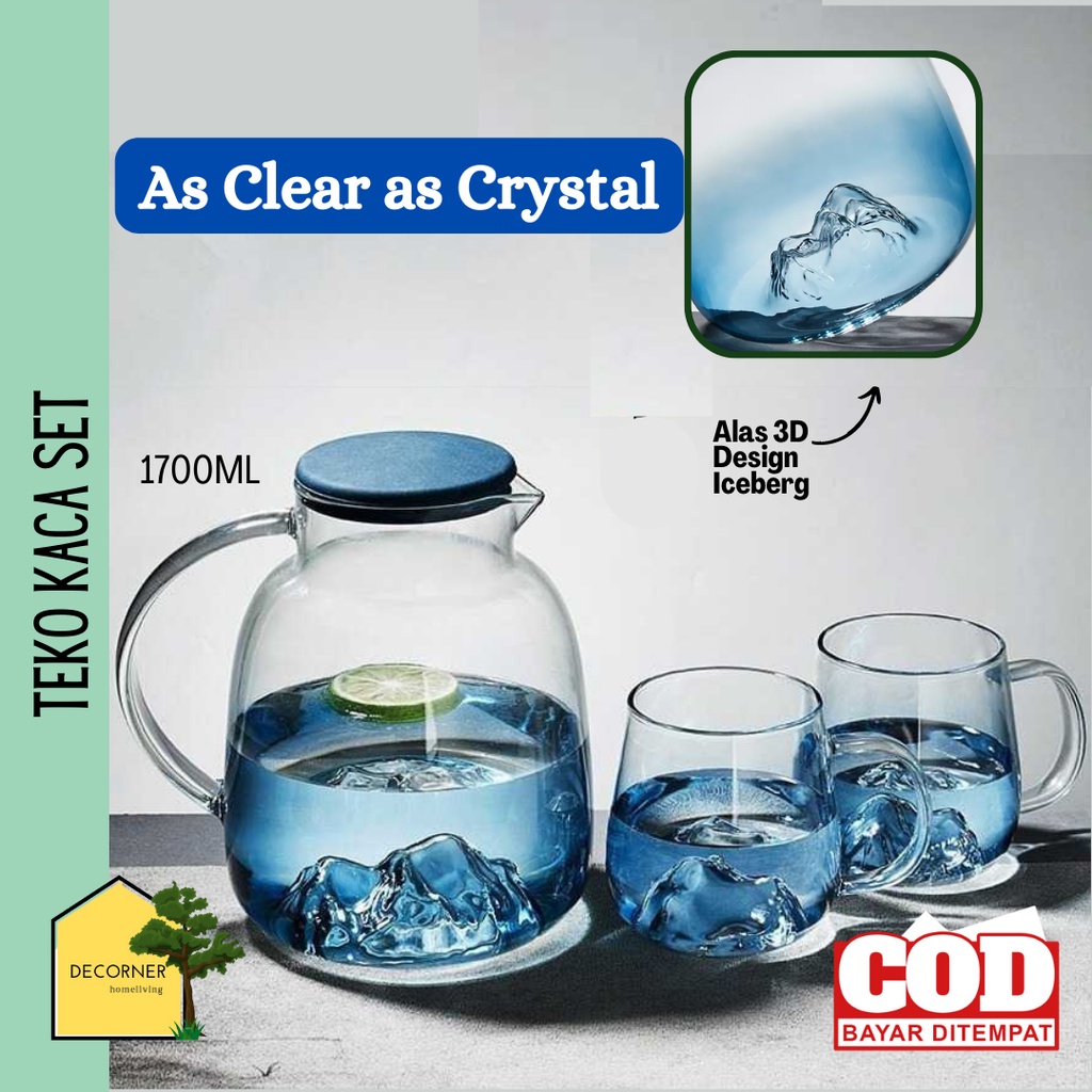 Jual Teko Pitcher Kaca 2 Gelas Ice Berg Mewah Aesthetic 1700ML | Shopee ...