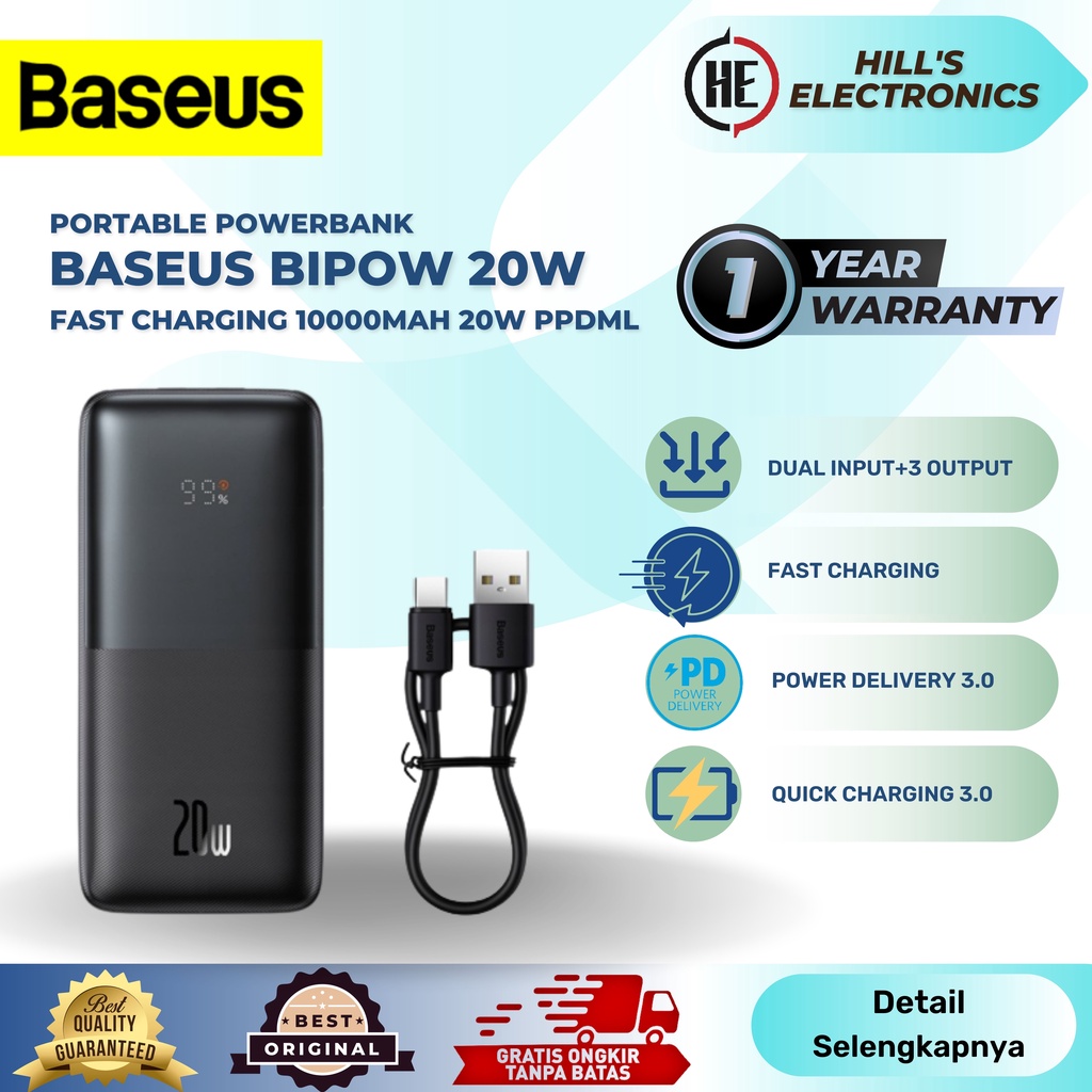 Jual Powerbank BASEUS Bipow Fast Charging 10000mAh 20W PPDML L Hitam | Shopee Indonesia