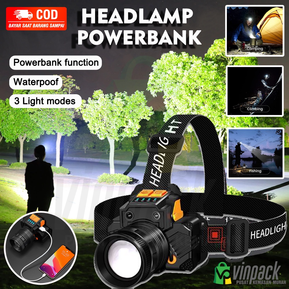 Jual Senter Kepala Super Terang USB Powerbank/ Lampu Depan Tahan Air LED Glare/ Senter Berkemah ...