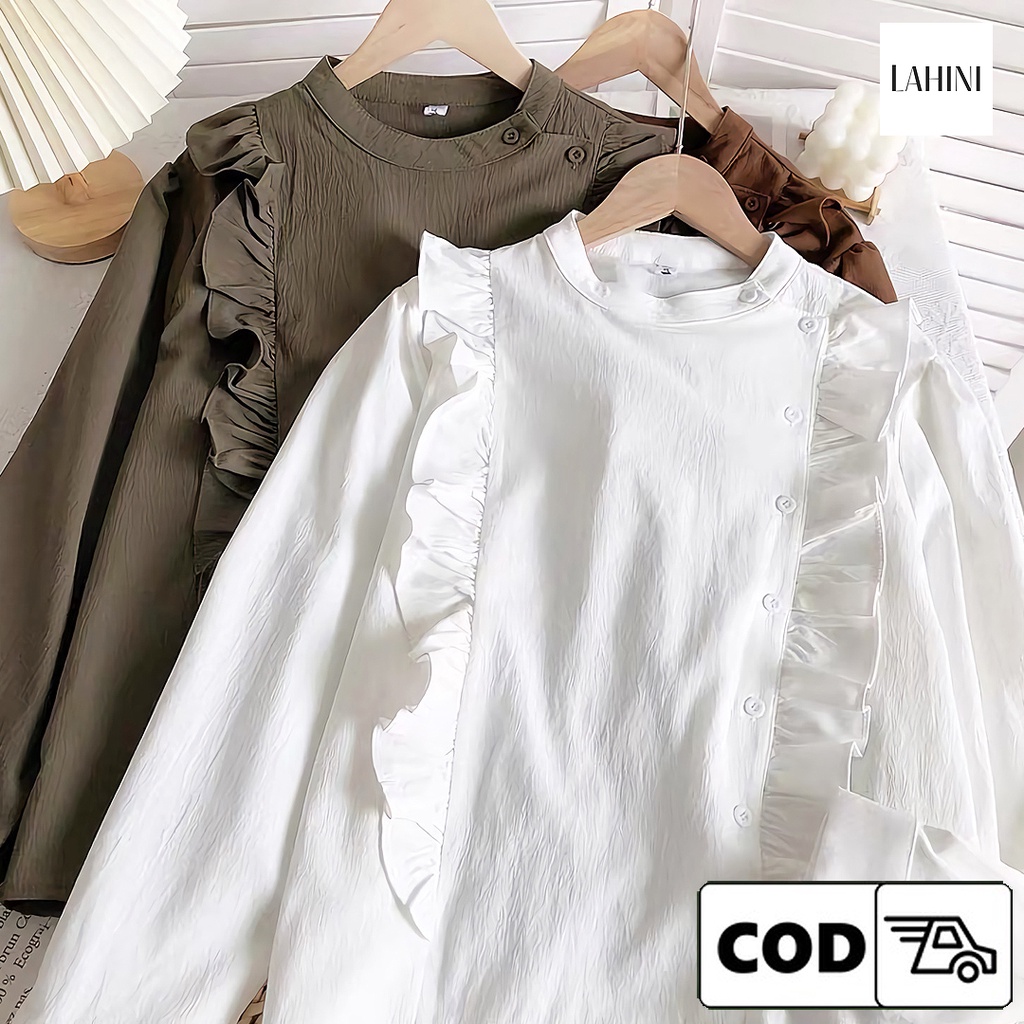 Jual Blouse Wanita Lengan Panjang Ruffle Blouse Korean Vintage Kekinian ...