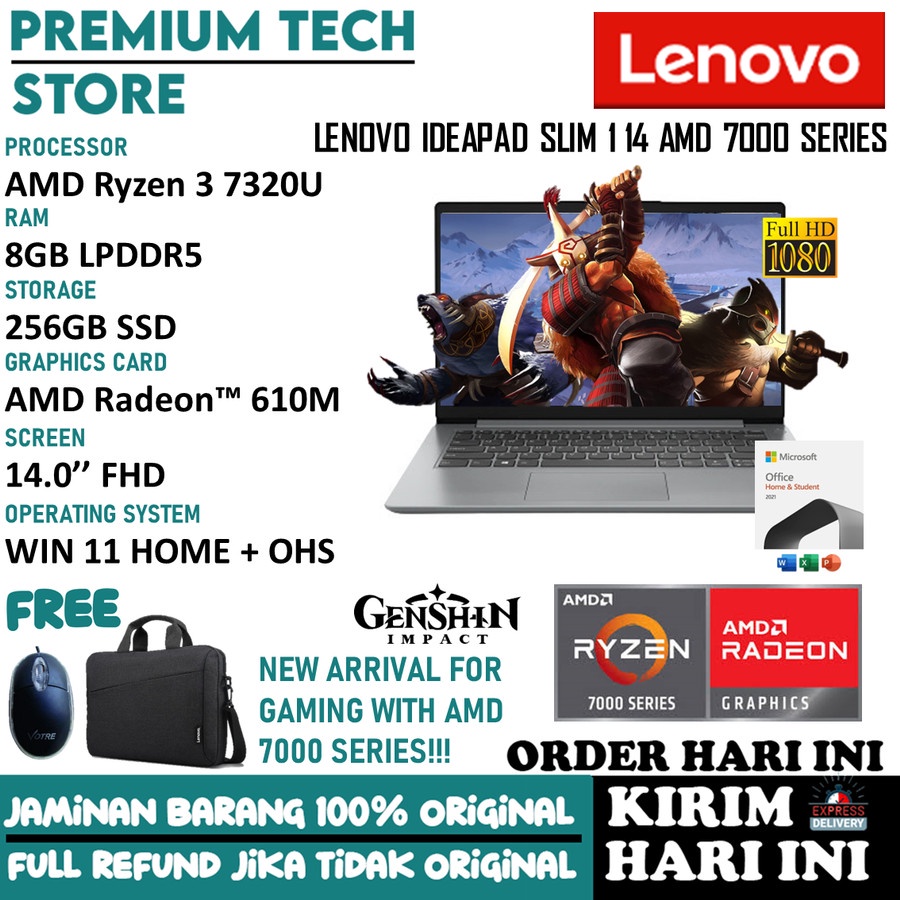 Jual Laptop Lenovo Ideapad Slim 1 14 AMD Ryzen 3 7320U 8GB 256GB FHD Windows 11 OHS Grey ...