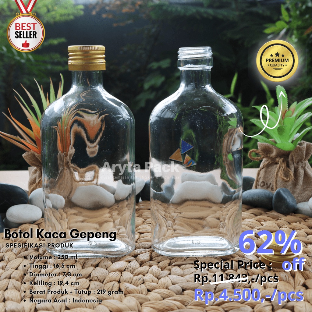 Jual Botol kaca bening 250ml gepeng minuman jus susu kopi tutup kaleng ...