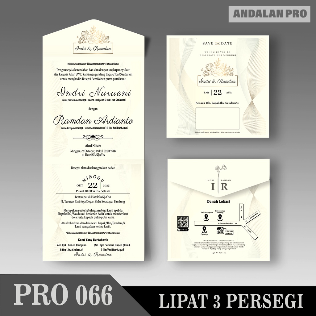 Jual 50 Desain Undangan Lipat 3 Persegi Bahan Jasmine LIGHT CREAM ...