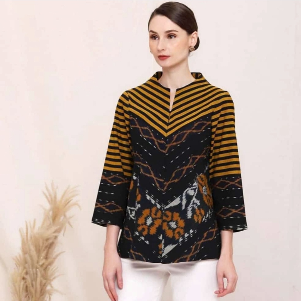 Jual blouse tenun atasan wanita baju kerja blouse batik ethnic AB001 | Shopee Indonesia