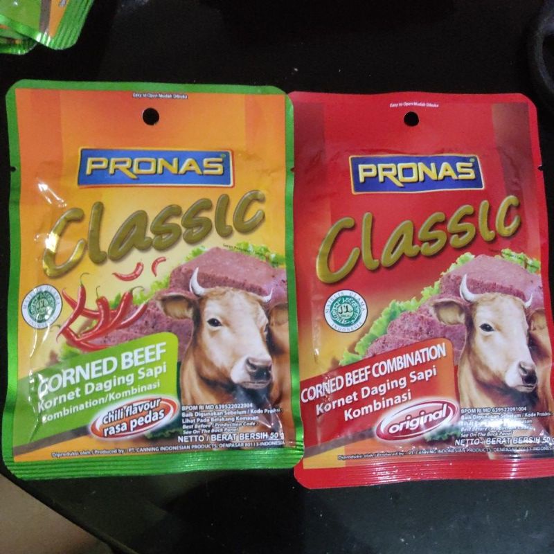 Jual Pronas classic kornet daging sapi original/pedas 50 gram sachet ...