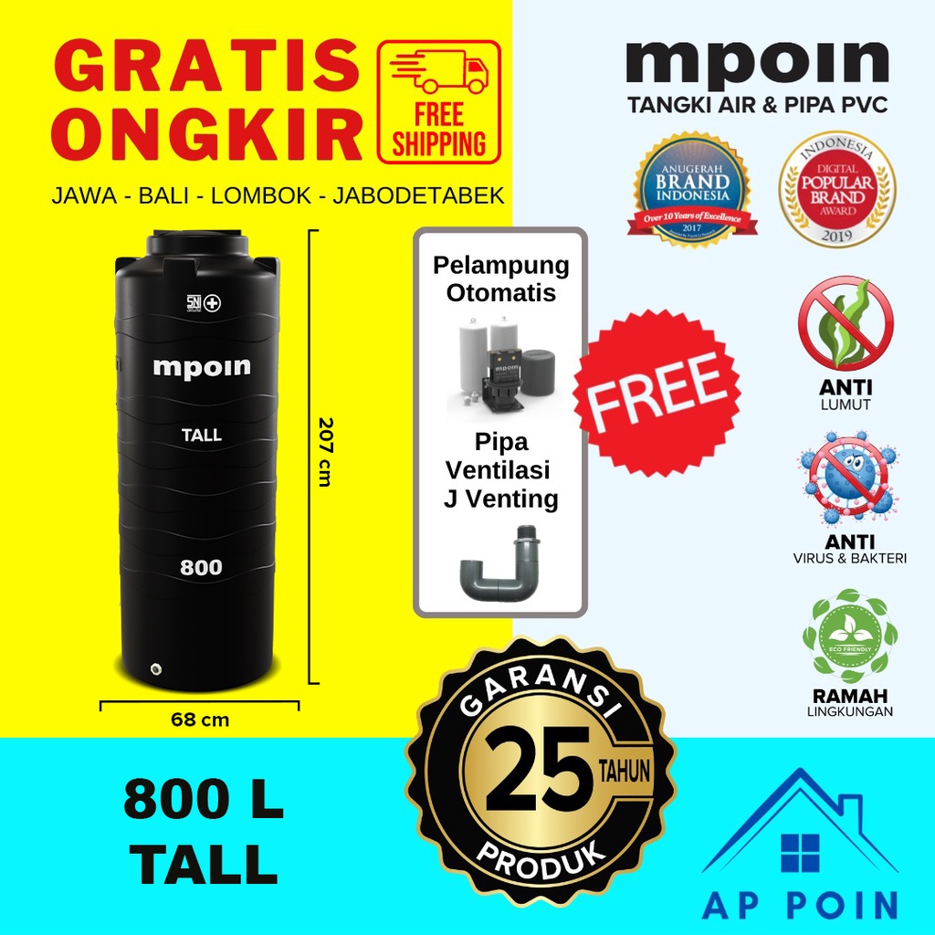 Jual TANGKI TANDON TOREN AIR MPOIN TALL 800 L RAMPING & MULTIFUNGSI GARANSI 25 THN | Shopee ...