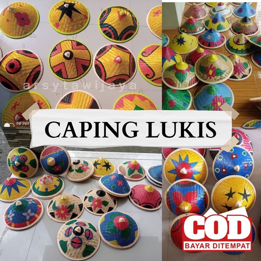 Jual [ COD ] caping anyaman bambu lukis unik / caping tudung petani ...
