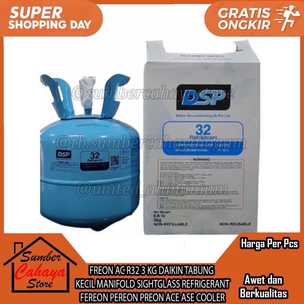 Jual FREON AC R32 3 KG DAIKIN TABUNG KECIL MANIFOLD SIGHTGLASS REFRIGERANT FEREON AC KULKAS ...
