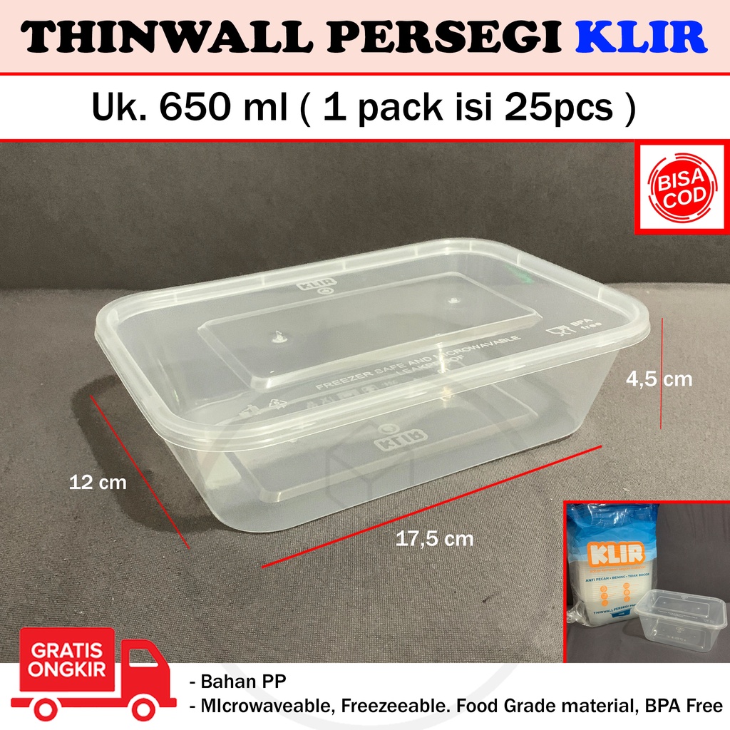 Jual Thinwall persegi panjang 650ml / kotak makan plastik KLIR - ANTI PECAH - ANTI BOCOR isi ...