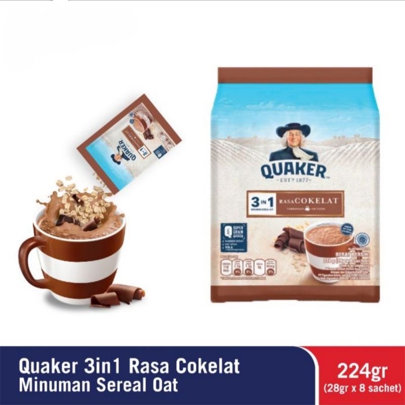 Jual Quaker 3in1 Cokelat Minuman Sereal Oat 224gr (24gr x 8 sachet ...