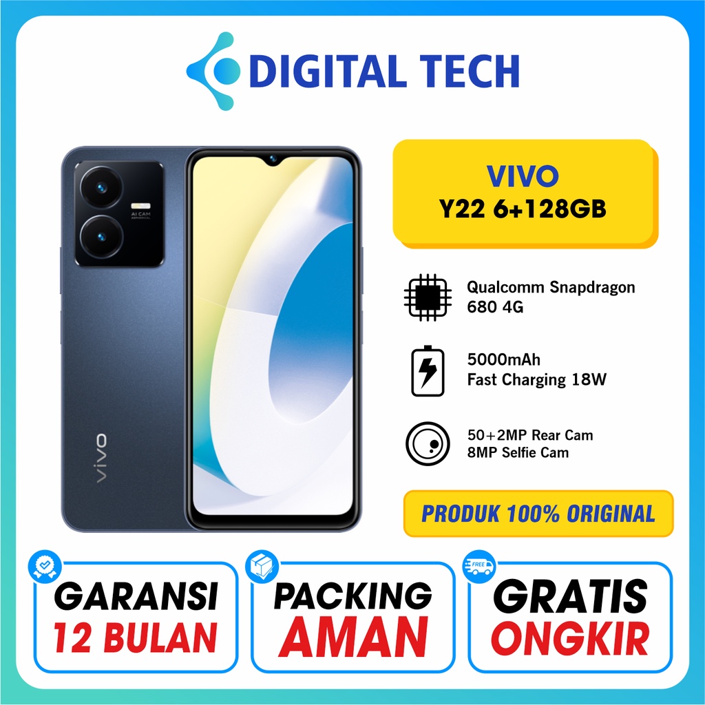 Jual Vivo Y22 6/128 GB [+6GB Extended Ram] NEW Original Bergaransi Resmi 1 Tahun | Shopee Indonesia
