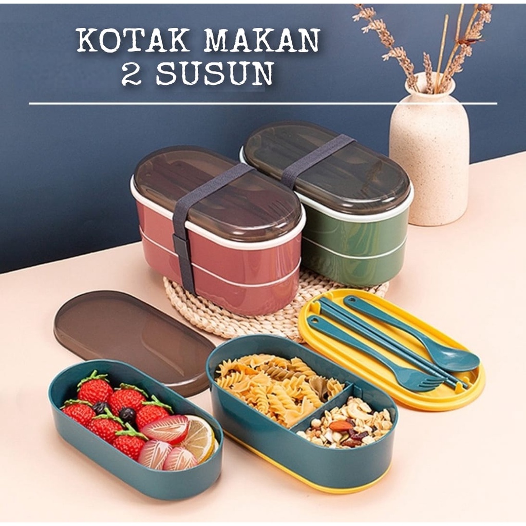 Jual Lunch Box Double Layer / Kotak Bekal 2 Susun Lengkap Sendok Garpu / Kotak Makan Bento Set ...