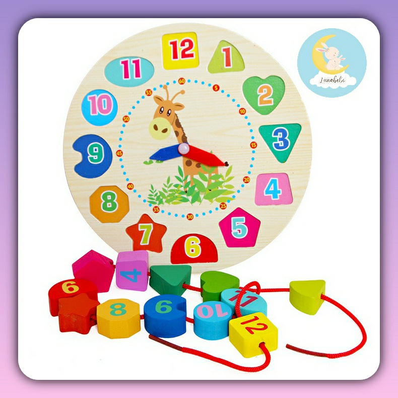 Jual mainan edukasi jam dan meronce/ jam kayu / jam geometri/ puzzle ...