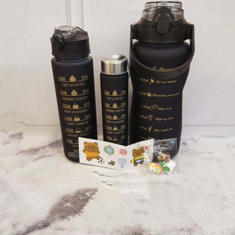 Jual BOTOL MINUM MOTIVASI 3in1 BLACK Kapasitas 2000ML, 800ml dan 300ml ...