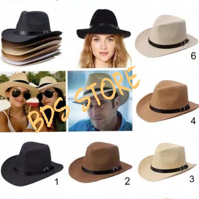 Jual Topi Fedora Trilby western cowboy straw felt hat brim lebar panama ...