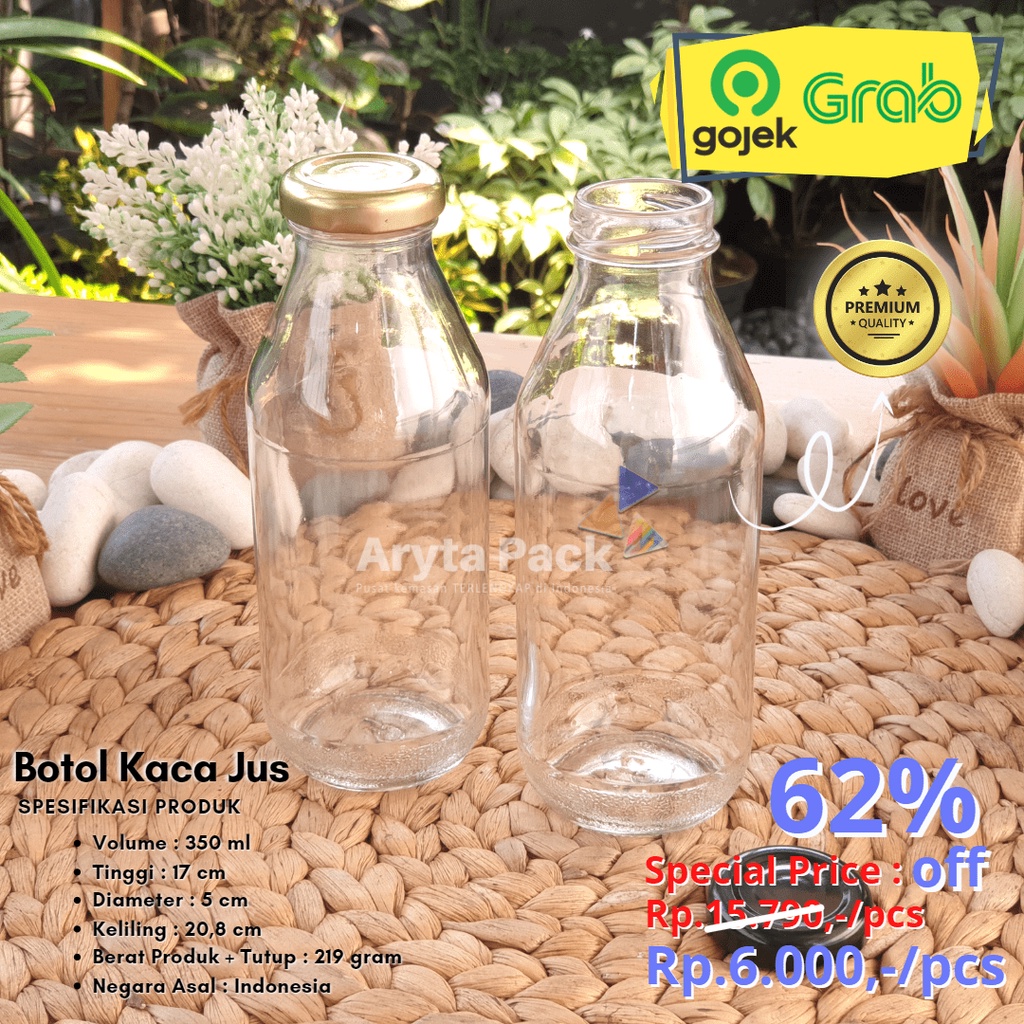 Jual Botol kaca bening 350ml jus minuman jus susu kopi tutup kaleng ...
