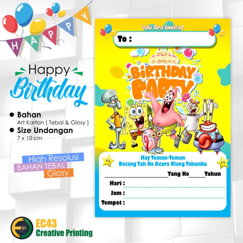 Jual Undangan Ulang Tahun Anak Tema Spongebob Isi 10 Pcs Plastik Opp