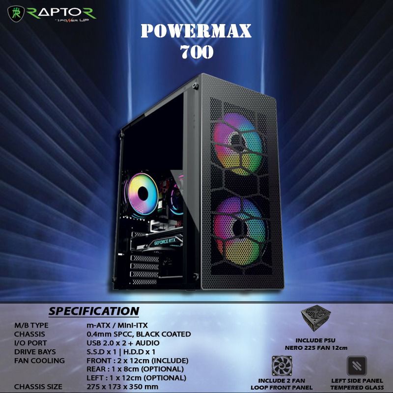 Jual Casing PC PowerUp Raptor PowerMax 700 Include 2 Fan Case RGB PSU ...