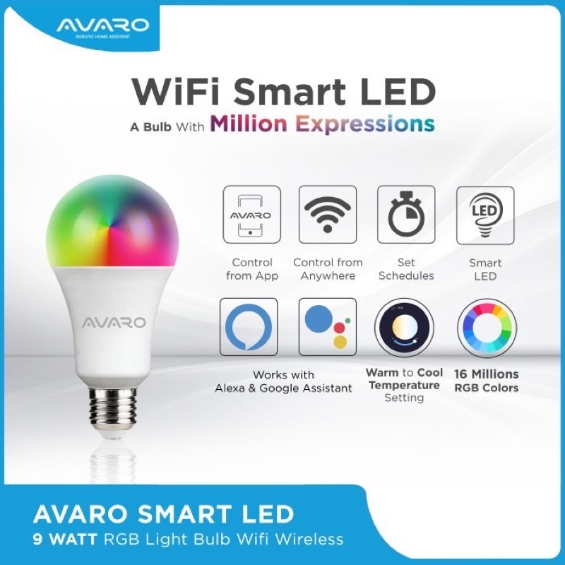 Jual Wifi Smart LED Avaro light bulb RGB 9 watt wirelles lampu pintar ...