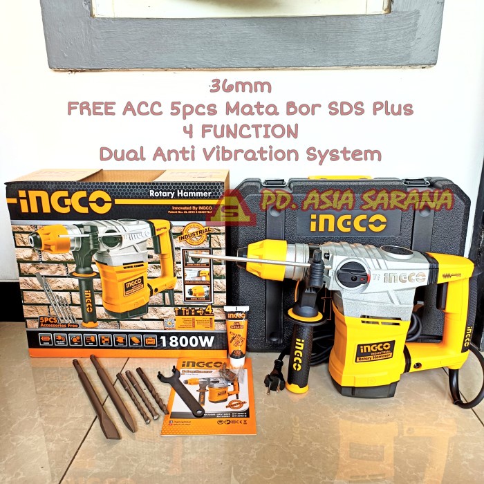 Jual Jack Rotary Hammer Drill 36mm Set INGCO RH18008 Mesin Bor Bobok ...