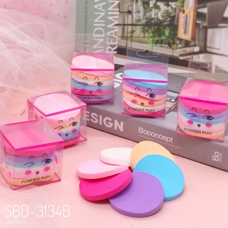 Jual SPONGE Bedak Bulat Kemasan Box / Spon Bedak Puff Powder Isi 6 Pcs ...