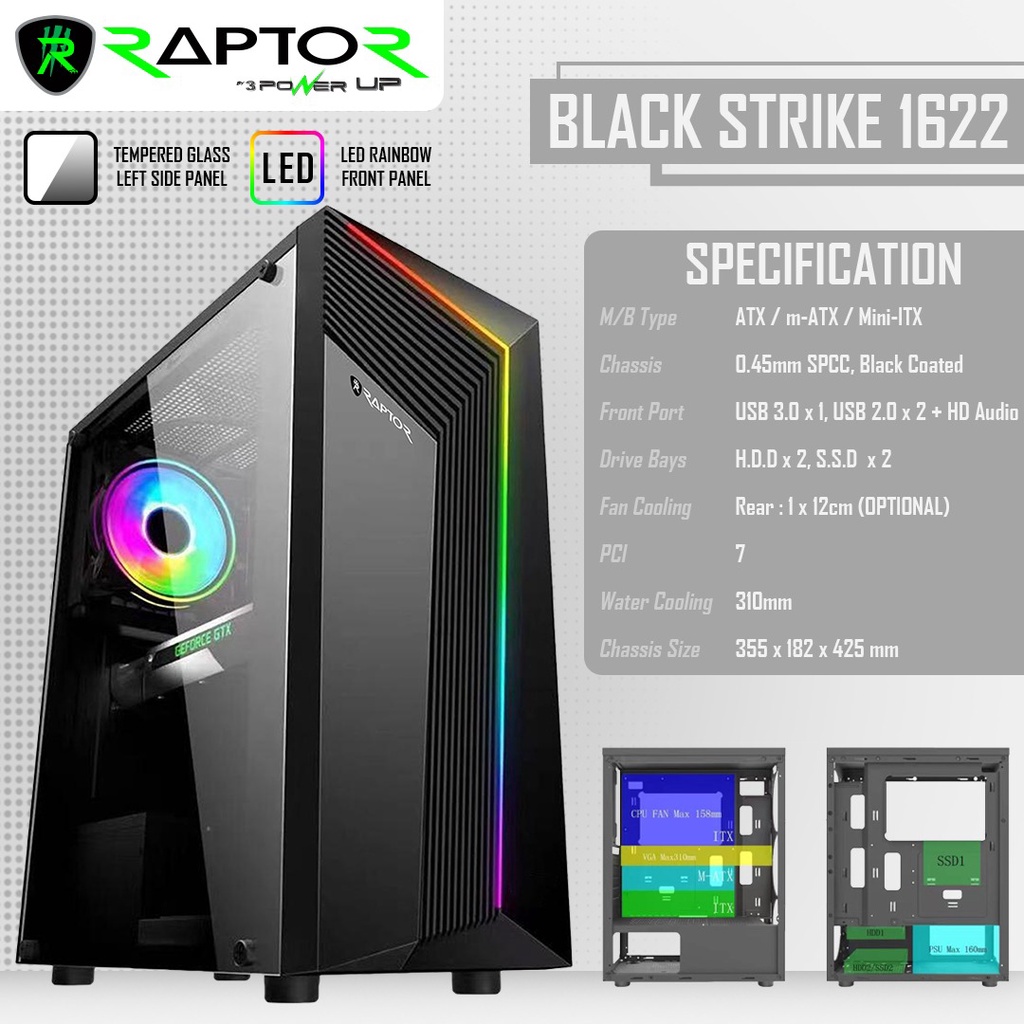 Jual PC Case Casing Raptor Black Strike 1622 include PSU Vector 250 ATX ...