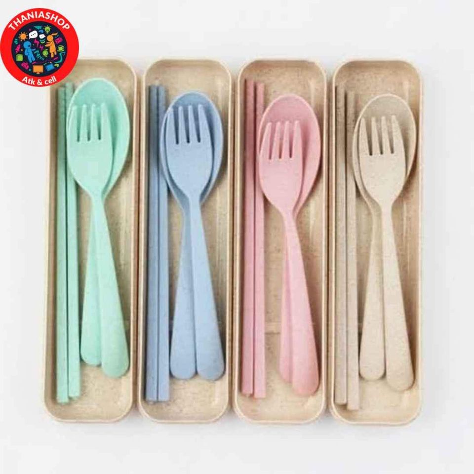Jual Sendok Set Garpu Sumpit sendok Bahan Jerami + kotak Sendok Set 3 ...