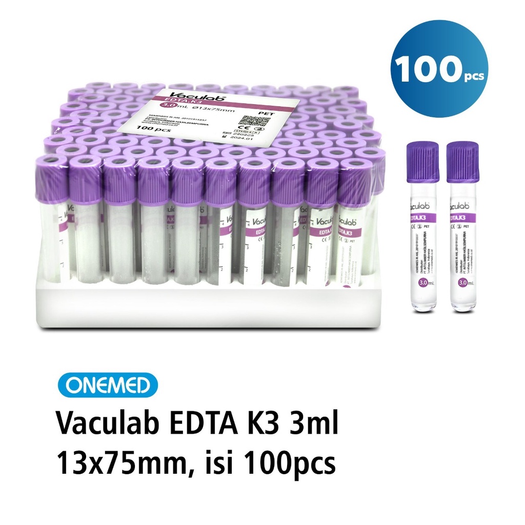 Jual Tabung Darah Vaculab EDTA K3 3ml 3cc Plastik OneLab OneMed AO ...