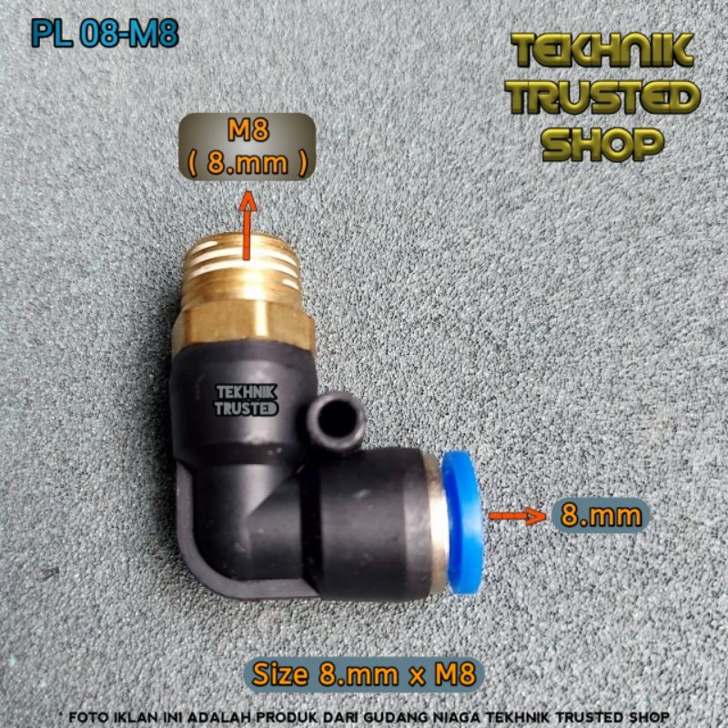 Jual Fitting Elbow konektor selang 8mm x M8 Drat Male PL 08-M8 BRASS ...