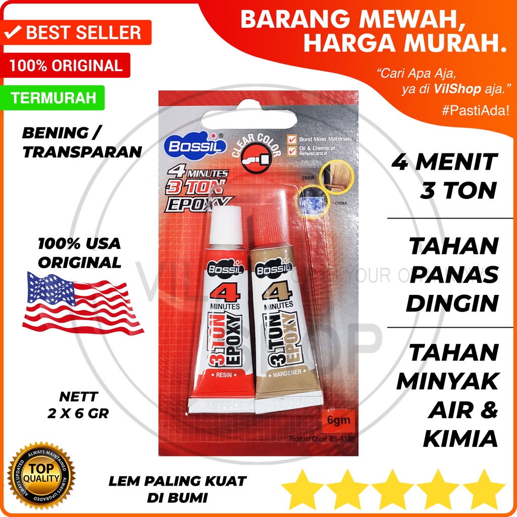 Jual LEM EPOXY 3 TON BOSSIL TRANSPARAN PALING KUAT BAGUS / LEM ARALDITE ...