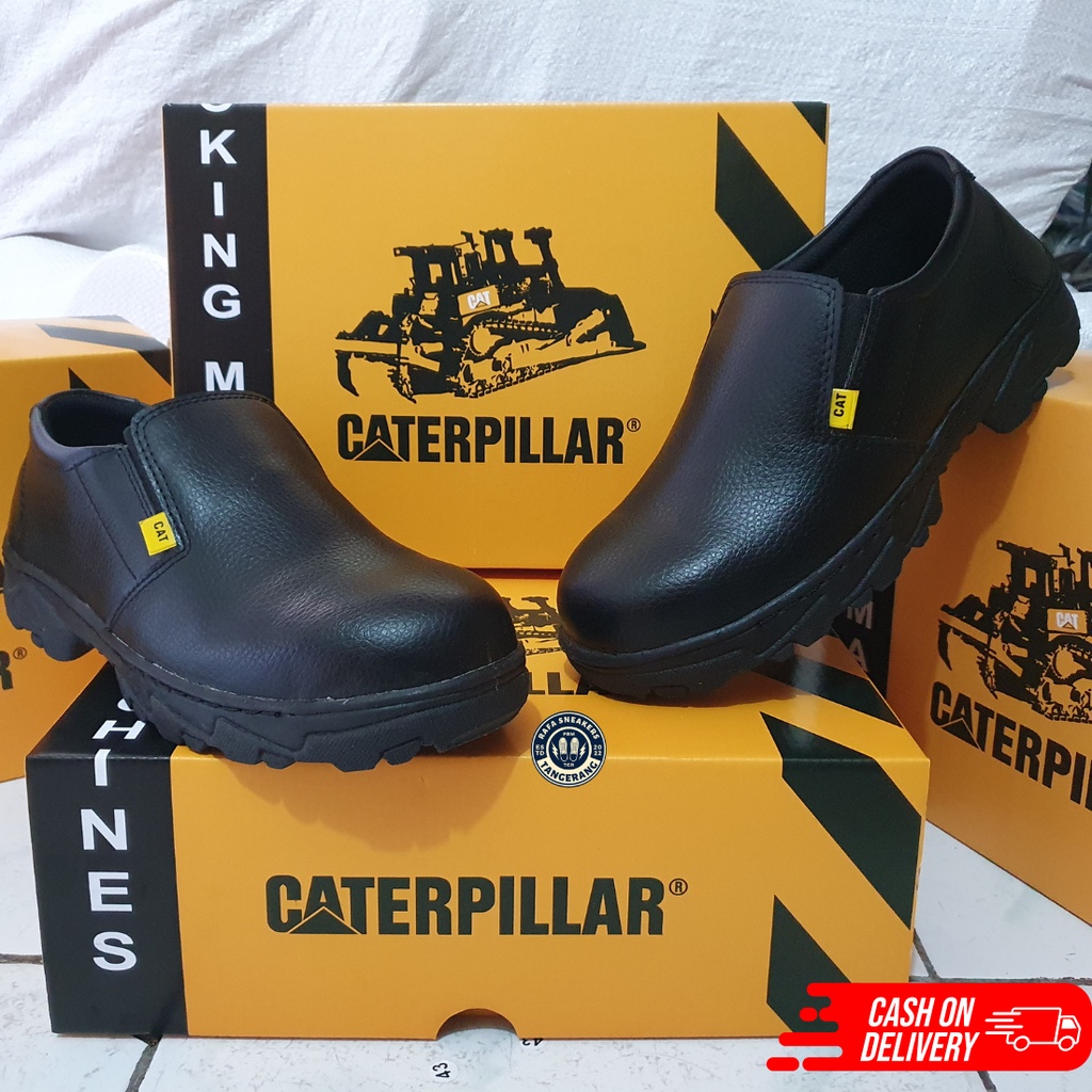 Jual Sepatu Safety Caterpillar Slip on Kulit Omega Murah Ujung Besi ...