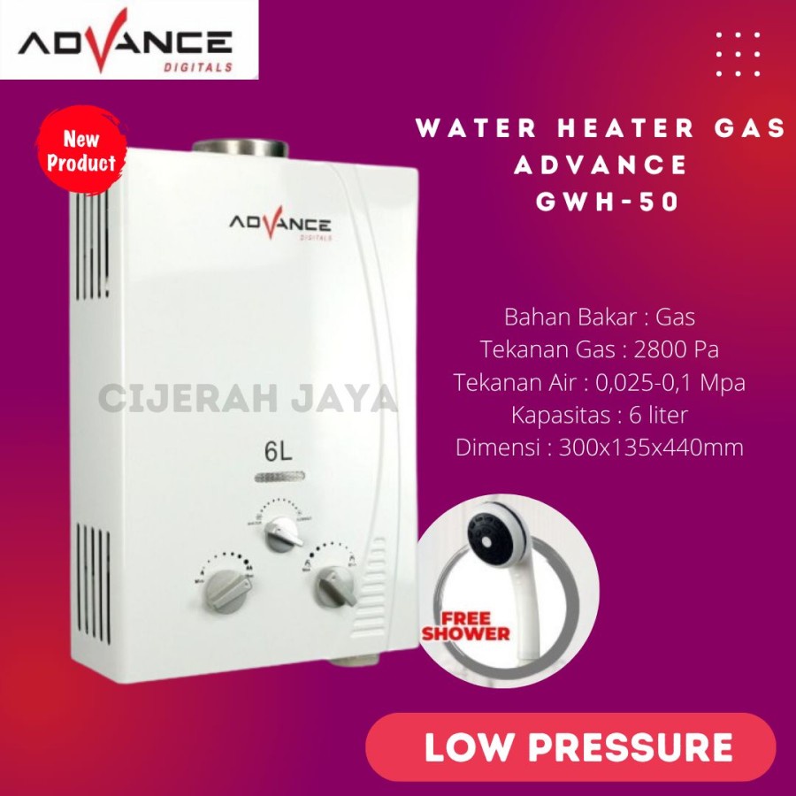 Jual WATER HEATER GAS ADVANCE GWH 50 / GWH 70 PEMANAS AIR GAS ADVANCE + BONUS SHOWER | Shopee ...
