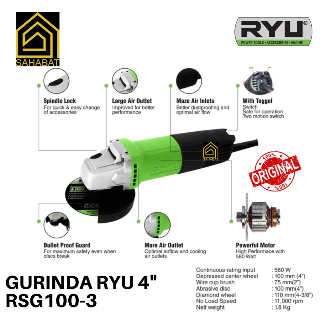 Jual Mesin Gerinda Tangan RYU / Angle Grinder RYU RSG 100-3 | Shopee ...