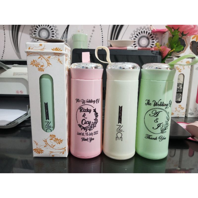 Jual Souvenir Botol/tumbler kaca nice custom sablon kemas box free tali ...