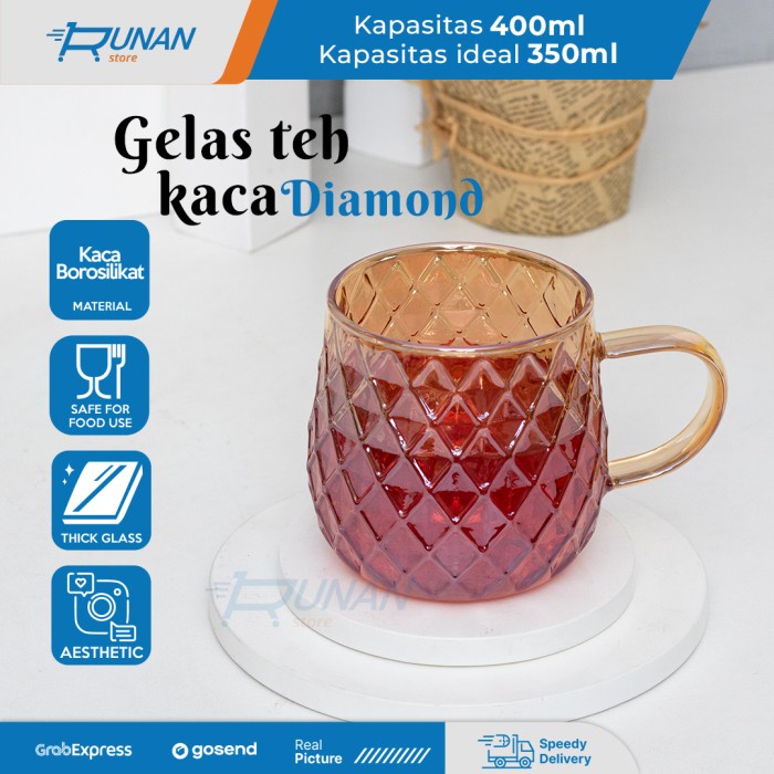 Jual Gelas Kaca 400ml Diamond Glass Gold Estetik Gelas Minum Kopi Teh 400ml | Shopee Indonesia