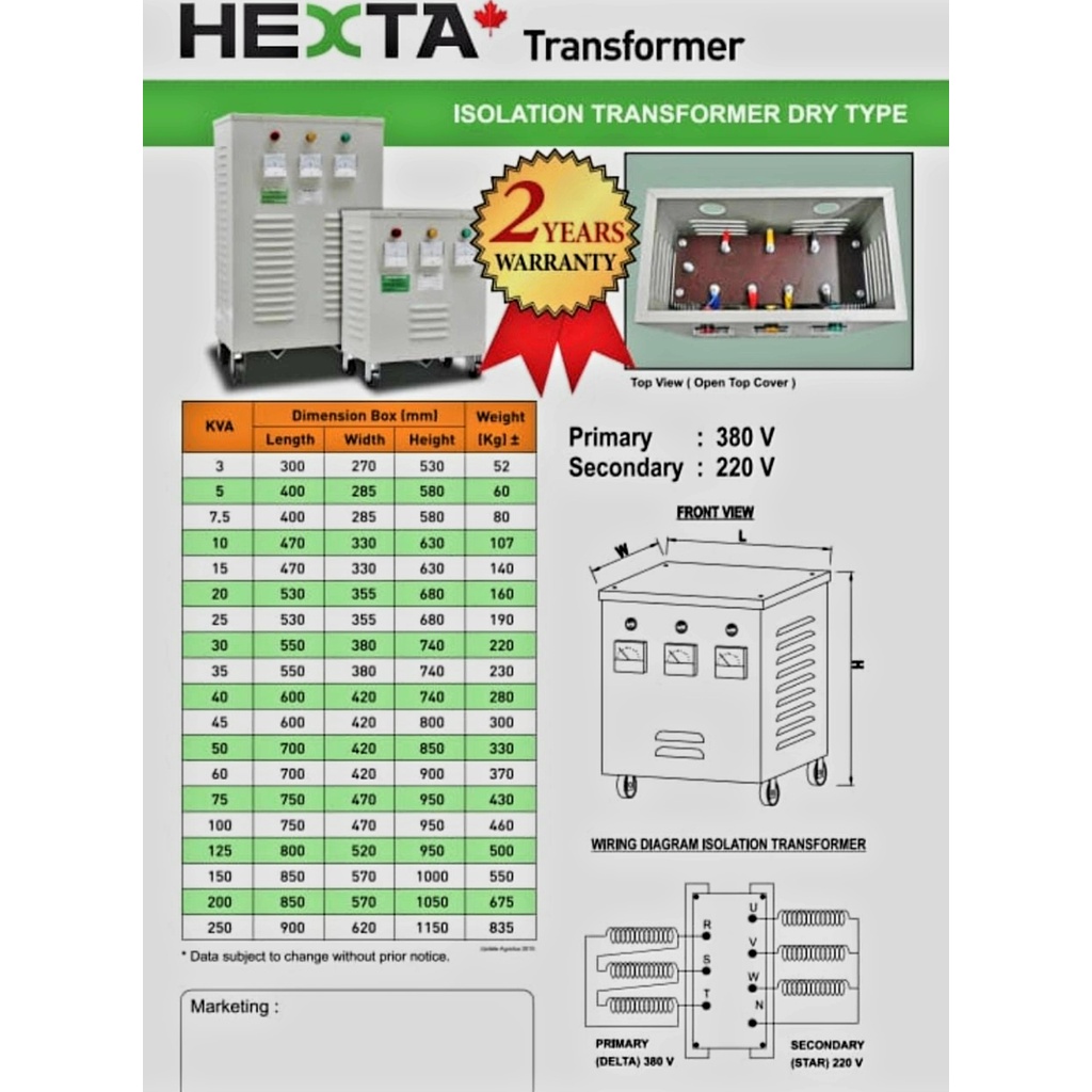 Jual Hexta Isolation Transformer Dry Type 10 KVA IO 3 Ph Or 1 PH ...