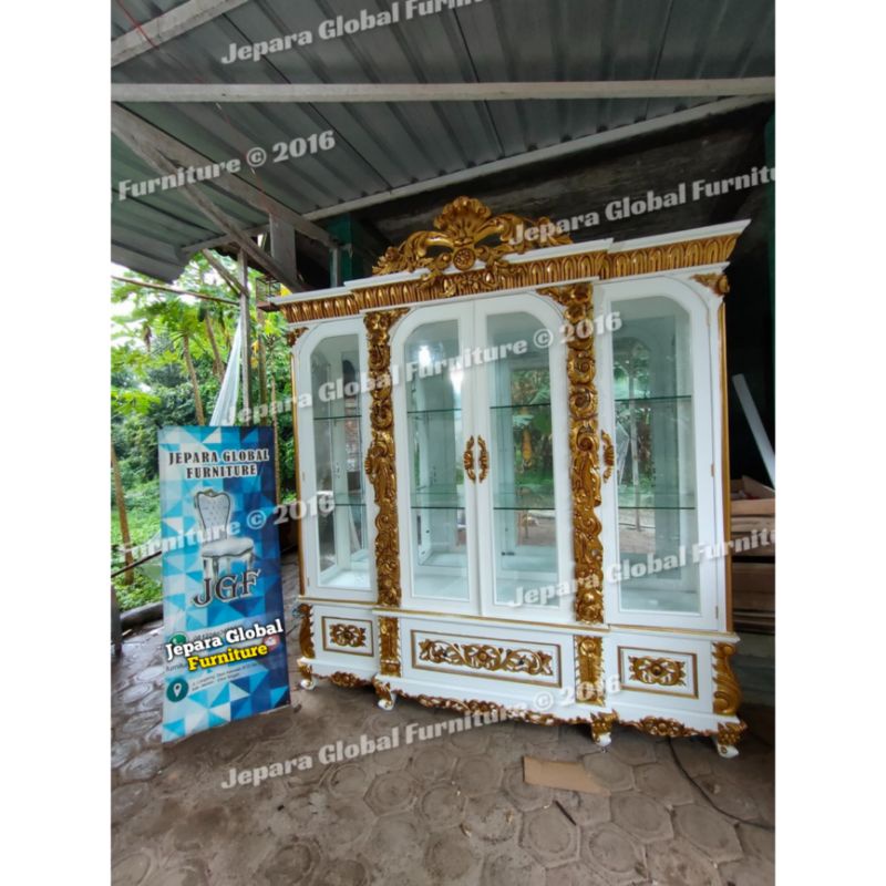 Jual Lemari hias luxury white gold 4 pintu Jati mewah (rak cabinet jati ...