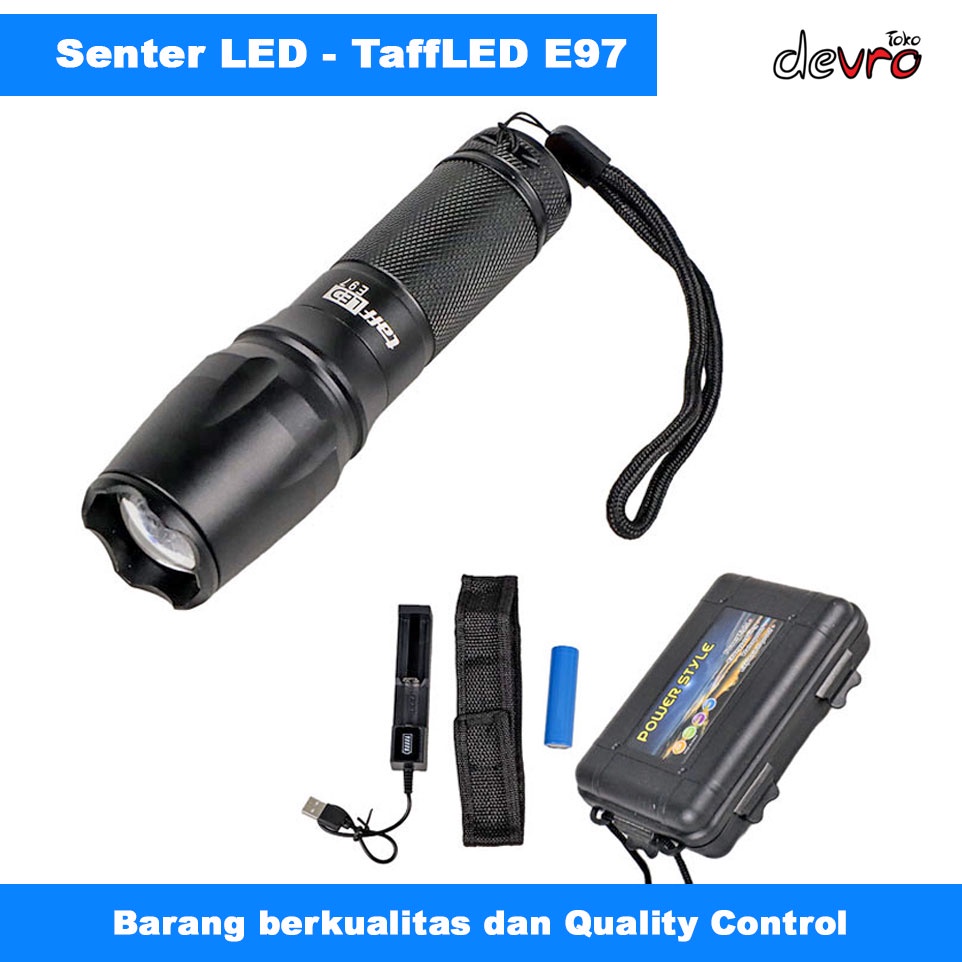 Jual Senter Tactical LED Cree XML-T6 3000 Lumens + Baterai + Charger + Box - TaffLED E97 - PAKET ...