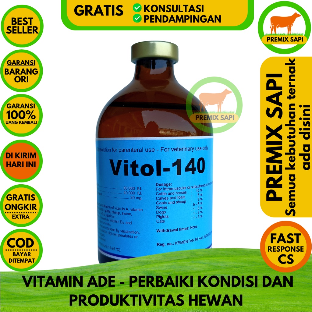 Jual VITOL 140 100 ml - Vitamin ADE Perbaiki Kondisi dan Produktivitas Hewan - Premix Sapi ...