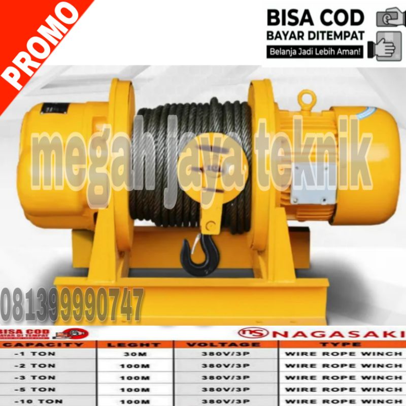 Jual electric wire rope winch 3 ton 100 meter 380v/3phase nagasaki ...