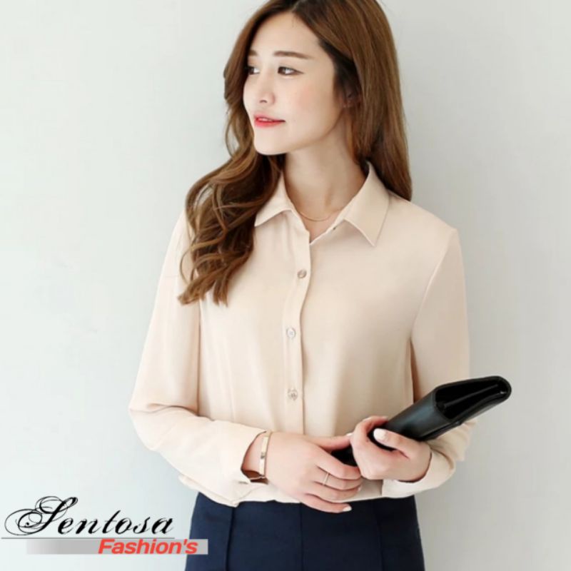 Jual Kemeja Wanita Polos Kasual Kemeja Lengan Panjang Cewek Kemeja Formal Kerja Kemeja Atasan ...