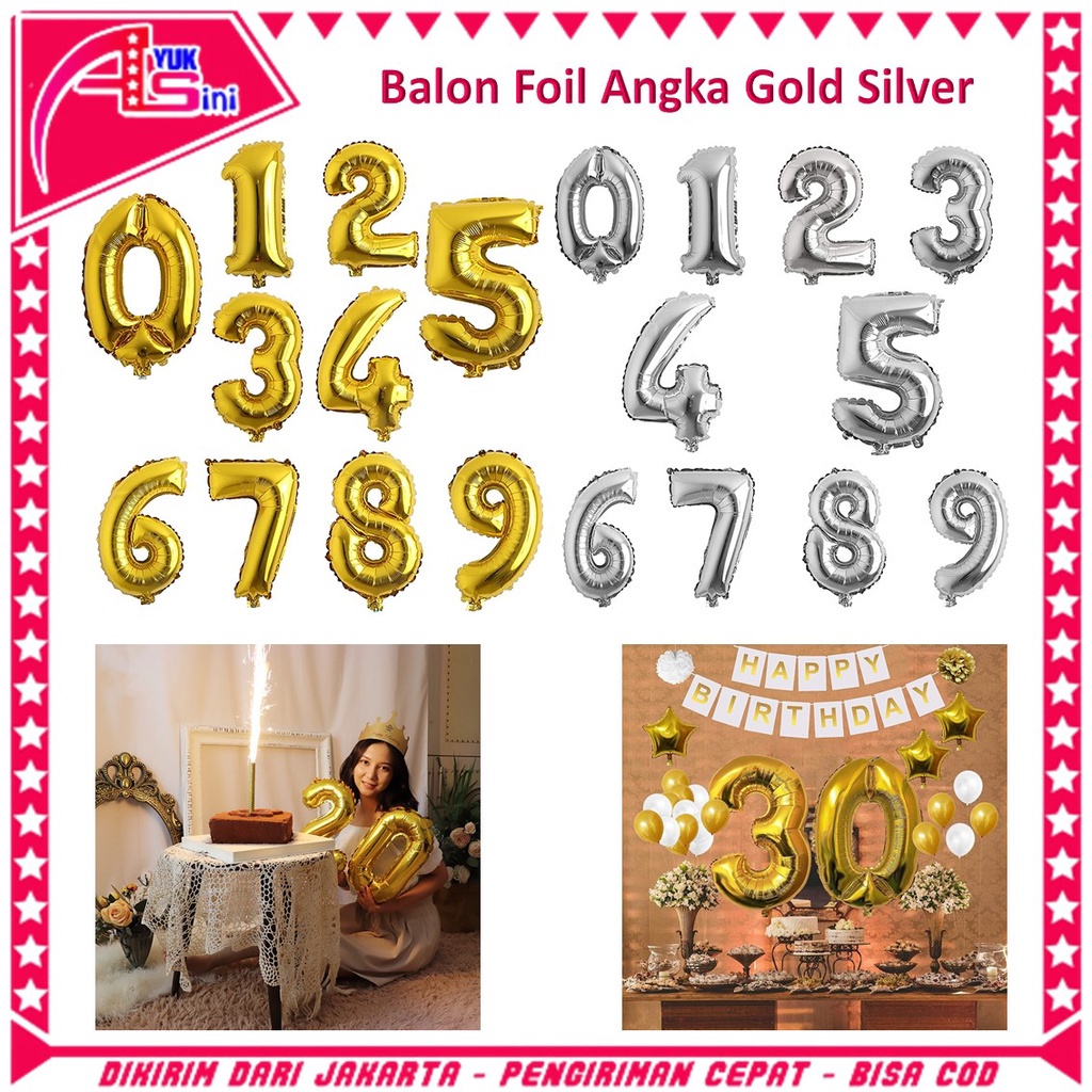 Jual AS Balon Angka Foil Gold Silver 40cm Balon Pesta Ulang Tahun ...